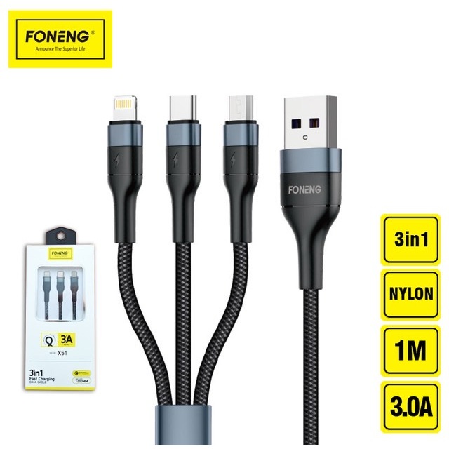 สายชาร์จ Foneng X51 USB 3in1 Fast ChargingDATA CABLE Quick charge3.0 ...