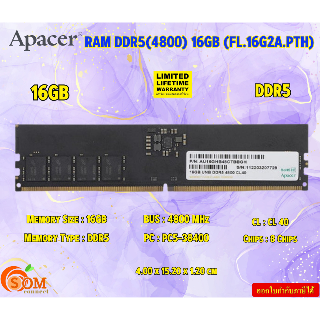 APACER RAM DDR5 (4800) 16GB (FL.16G2A.PTH) (ZC.A01ST.0B9) CL 40 8 Chips ...