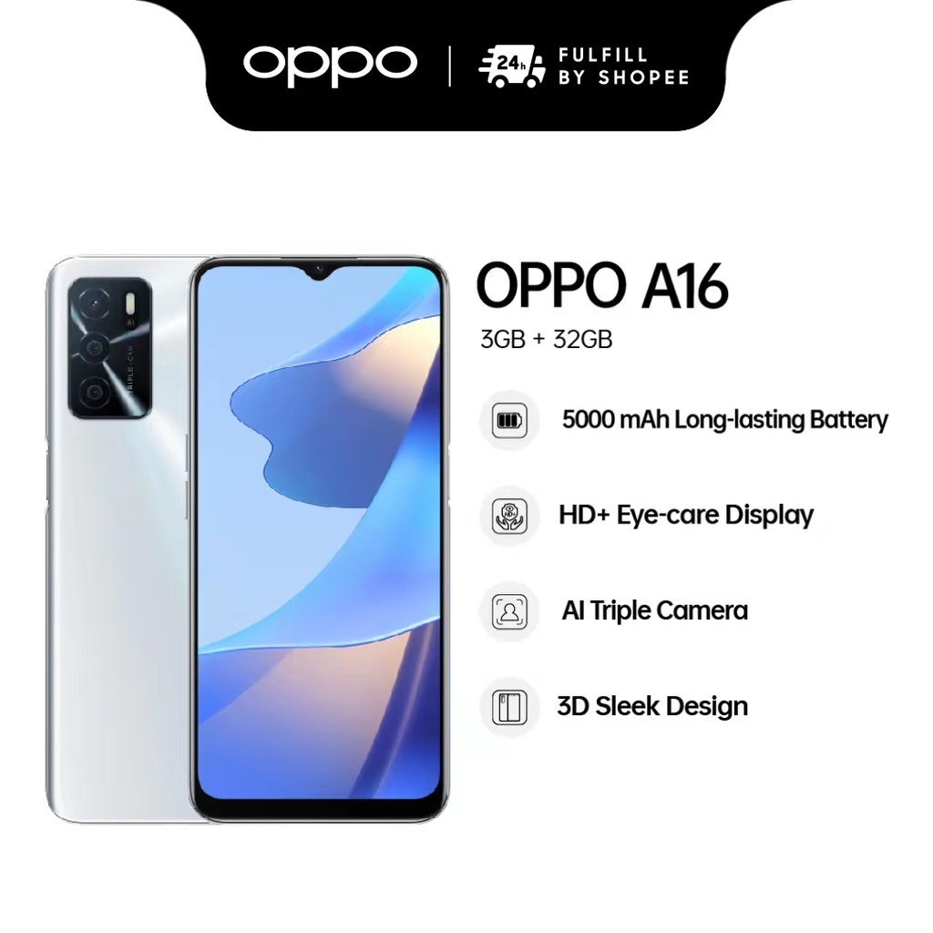 [ประกันศูนย์]มือถือ oppo a16 (6G+128G) / ชาร์จเร็ว 10W / ปลดล็อคลายนิ้วมือ หน้าจอใหญ่ 6.52 นิ้ว ...