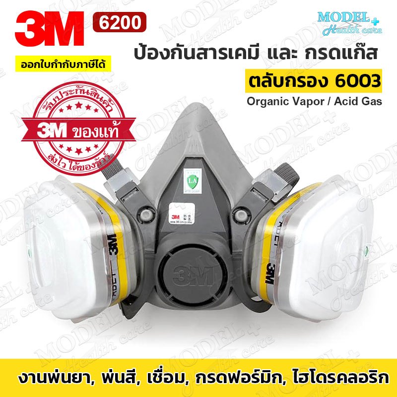 3M 6200 ครบชุด ตลับกรอง 6003 หน้ากากป้องกันสารเคมี งานพ่นสี ป้องกันกรด ...
