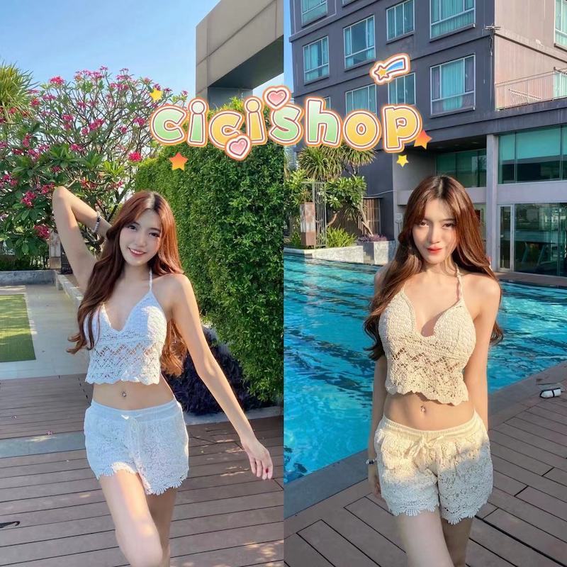Cicishop(TZ601)set2ชิ้น ชุดถัก บราผูกคอโชว์หลัง+กางเกงขาสั้น มีฟองน้ำในตัว เหมาะสำหรับหน้าร้อน ...