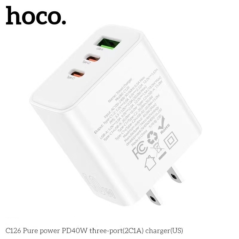 Hoco C80/C126 หัวชาร์จเร็ว 3 พอร์ต PD 40W + QC 3.0 (Type-C x2 + USB x1 ...