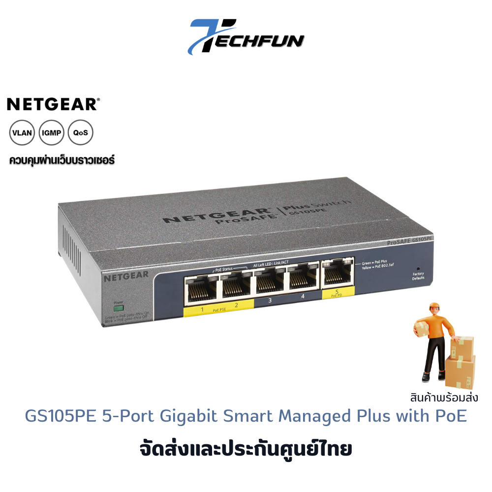 Netgear (GS105PE) 5-Port Gigabit Ethernet Smart Managed Plus with PoE ...
