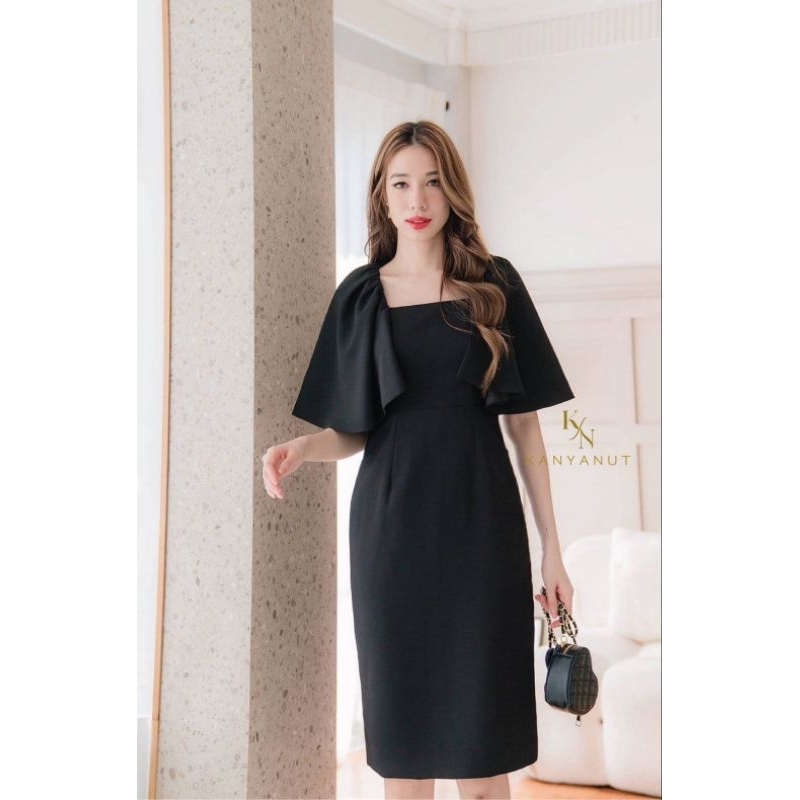 KN010_เดรสคอเหลี่ยมแขนระบาย (S.M.L.XL) | Shopee Thailand