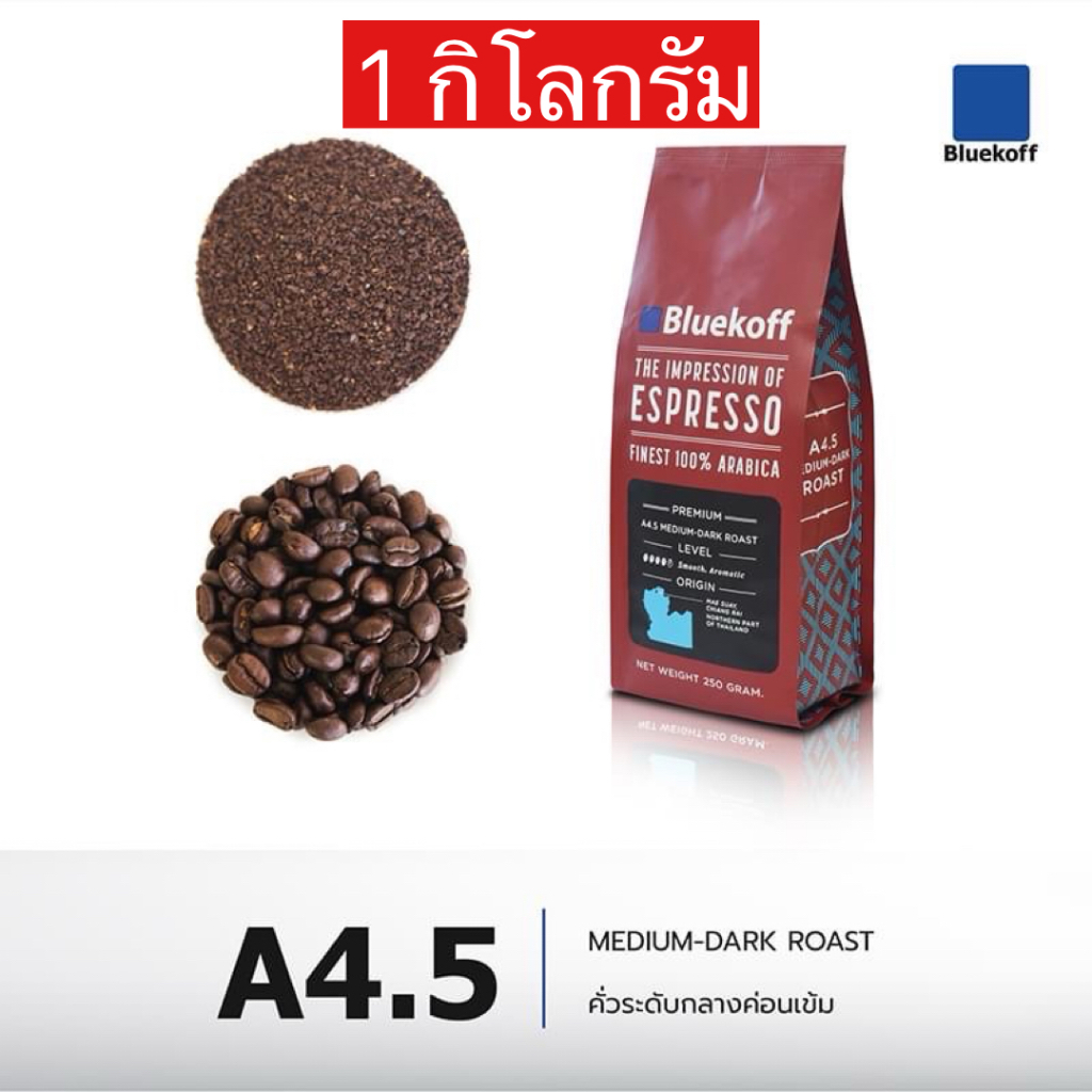 (1 กก.) Bluekoff A4.5 เมล็ดกาแฟไทย อราบิก้า 100% คั่วกลางค่อนเข้ม (Medium-Dark Roast) บรรจุ 250 ...
