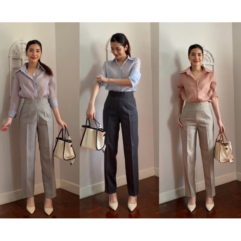 BY21 กางเกงขากระบอกกลาง ลายริ้วผ้าใหม่ดีงามจ้า | Shopee Thailand