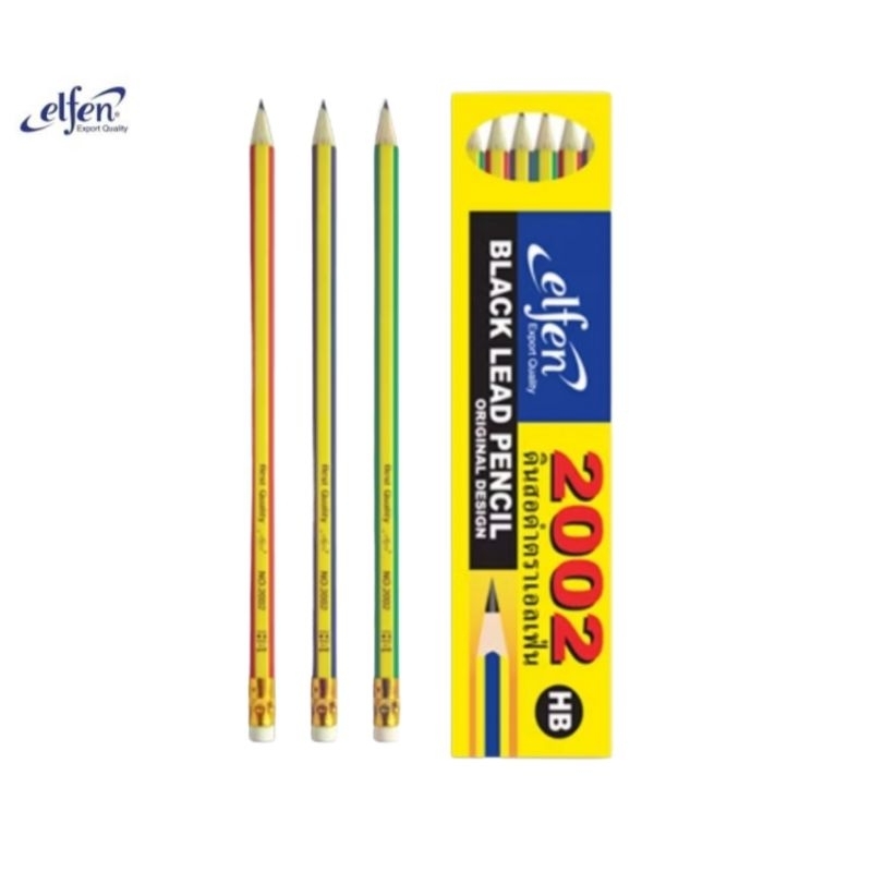 Elfen ดินสอดำ HB 2002 ดินสอไม้เหลาพร้อมใช้ มียางลบที่ปลายด้าม (บรรจุ 12 ...
