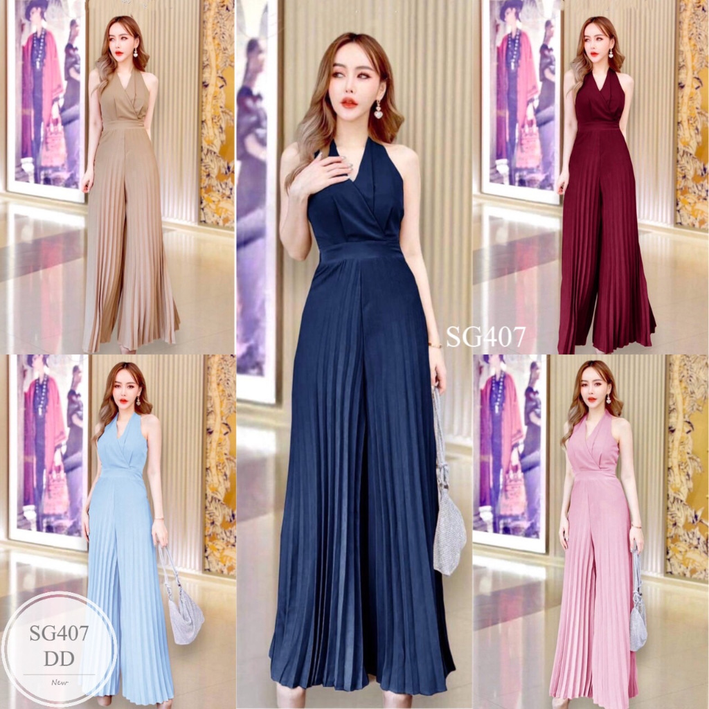 ST407 จั๊มสูทขายาวทรงคล้องคอ ขาบานชายกางเกงอัดพีท จับจีบ เอวมีสายปูกเอว ...