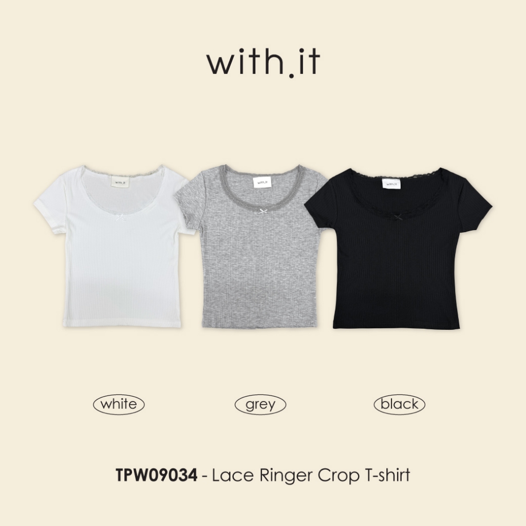 with.ti.store TPW09034 เสื้อยืดครอปผ้าริปคอแต่งลูกไม้ | Shopee Thailand