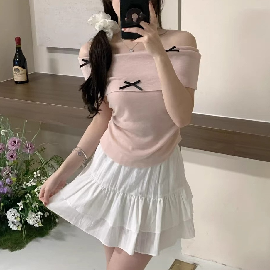 (#E329)เสื้อไหมพรมแขนสั้น ปาดไหล่ ทรงรัดรูป เอวจั๊ม มี5สี | Shopee Thailand