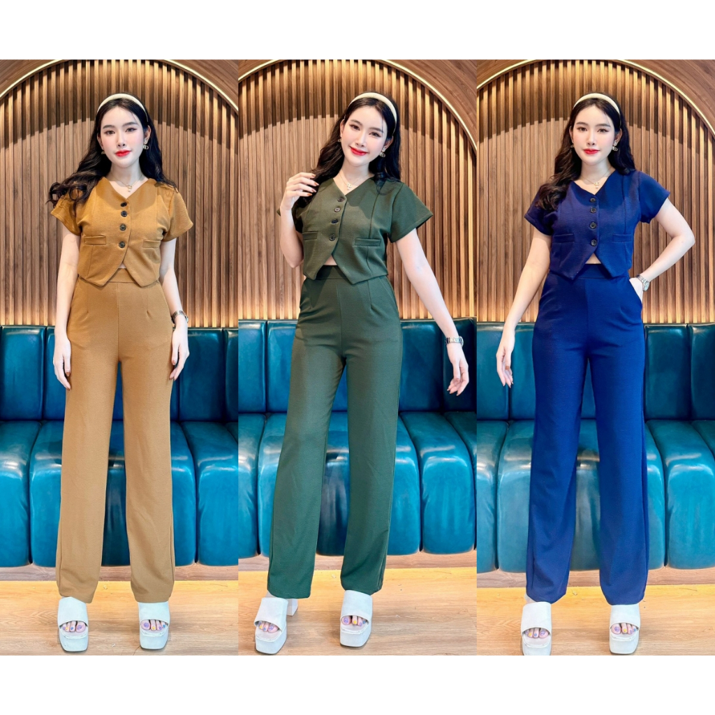 พร้อมส่ง ชุดเซตผ้าวูลเวฟ เสื้อทรงสูทกระดุมหน้ากระเป๋าหน้า+กางเกง A4085 ...