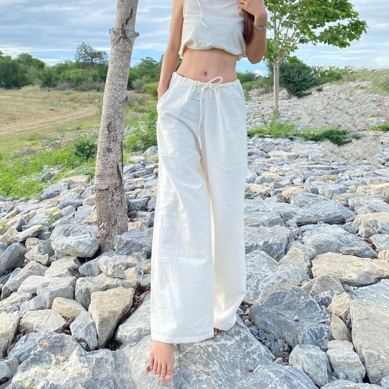 BY PHAKA | SANDY PANTS กางเกงผ้าฝ้ายเอวรูด style 𝐌𝐢𝐧𝐢𝐦𝐚𝐥 | Shopee Thailand