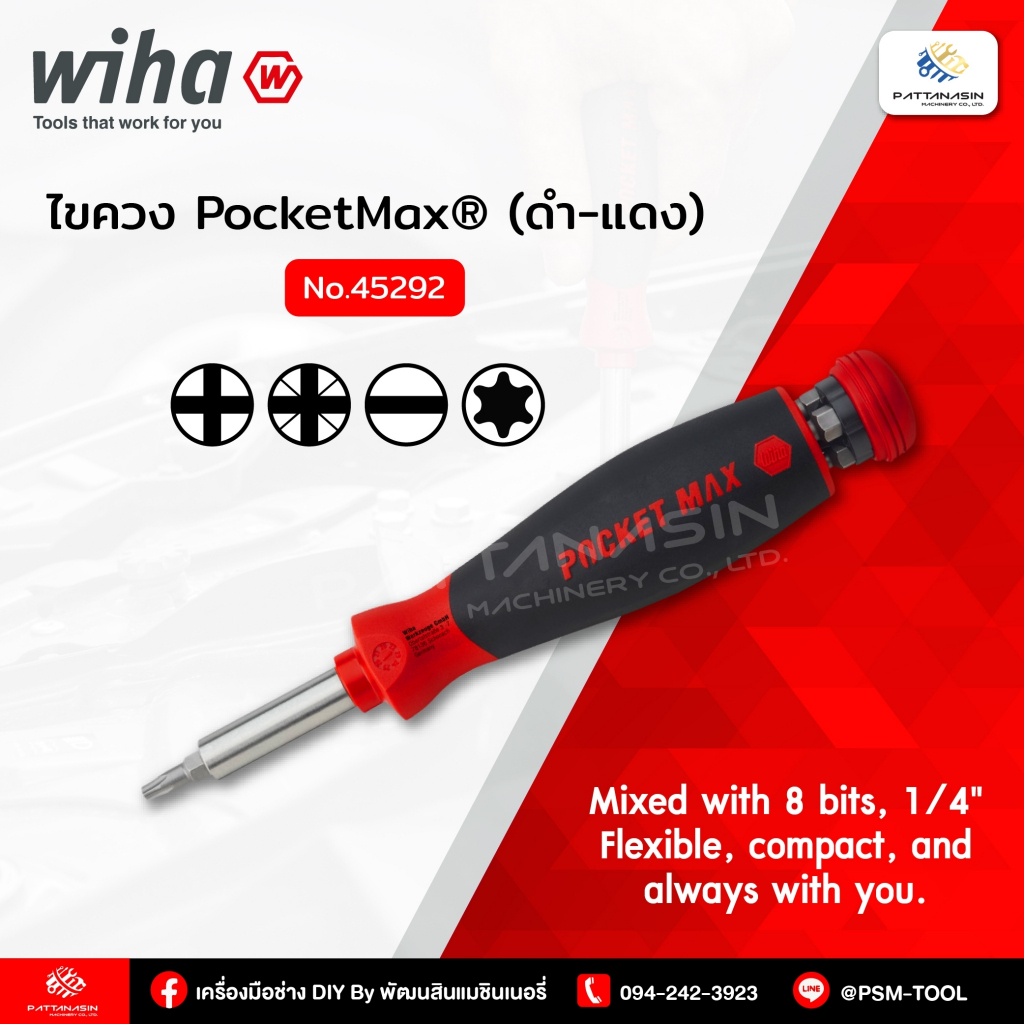 WIHA ไขควงเปลี่ยนหัว with bit magazine Pocket Max® magnetic Mixed with 8 bits, 1/4" 380305 No ...