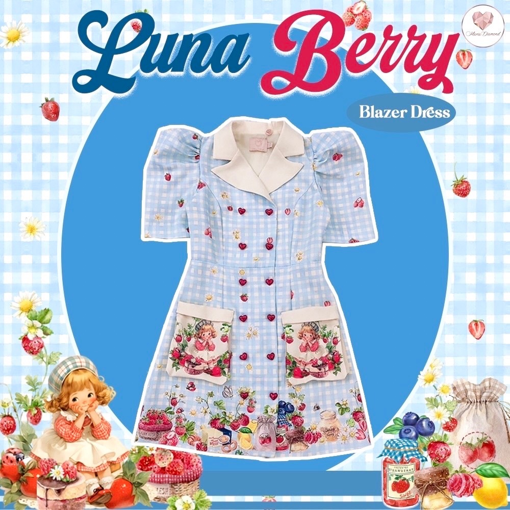 (มี2XL) Luna Berry Dress เดรสทรงสูทไหมเกาหลีพิมพ์ลาย แขนสั้นเย็บกระทุ้ง ...
