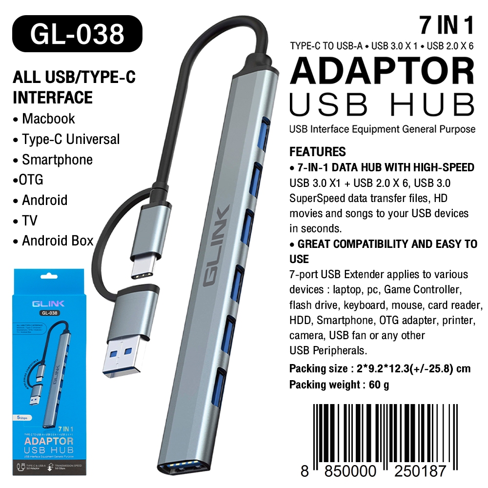 GLINK GL038 Type-C / USB to 7in1 USB HUB อุปกรณ์เพิ่มช่องต่อ USB 7Port ...