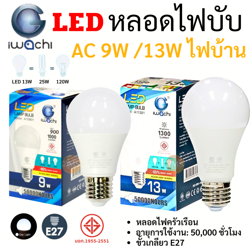 IWACHI หลอดไฟ LED 9W 13W ขั้วE27 เเสงขาว หลอดปิงปอง ประหยัดไฟ ทรงกลม ขั้วE27 ใช้ไฟบ้าน | Shopee ...