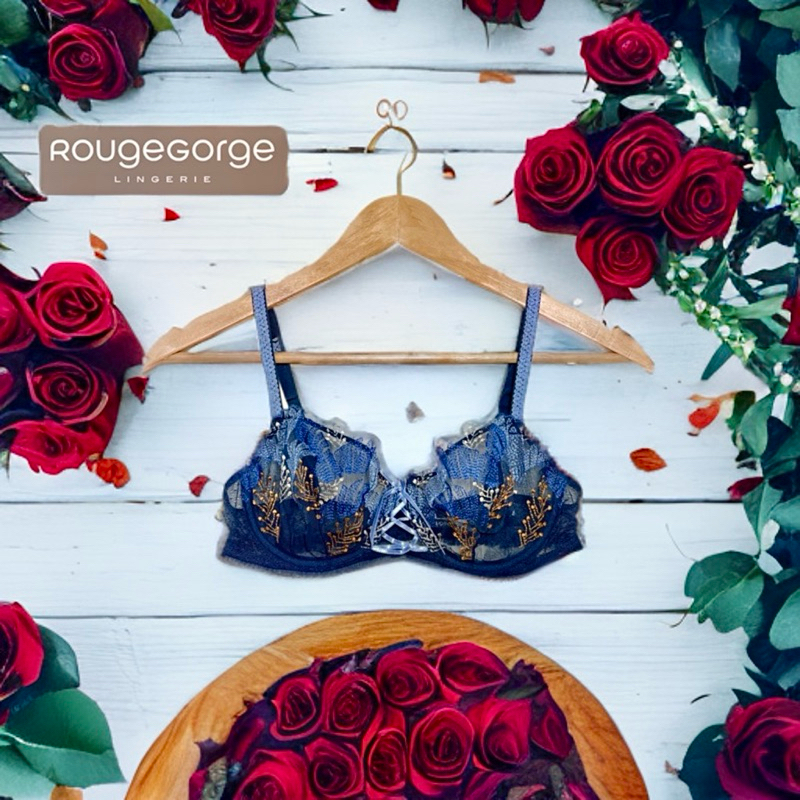 Rouge Gorge(รูจ จอร์จ)Braแบรนด์ดังฝรั่งเศสเสื้อชั้นในลูกไม้ซีทรูงานปักละเอียดสีน้ำเงินโบว์หน้า ...