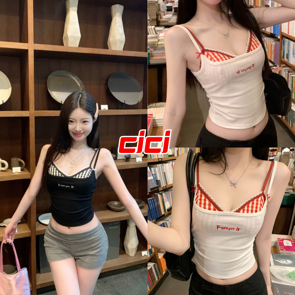 Cici (NO.3179) set 2 ชิ้น บราลายตาราง สายปรับได้ มีฟองน้ำ หลังสม็อกยางยืด+เสื้อสายเดียวแต่งโบว์ ...