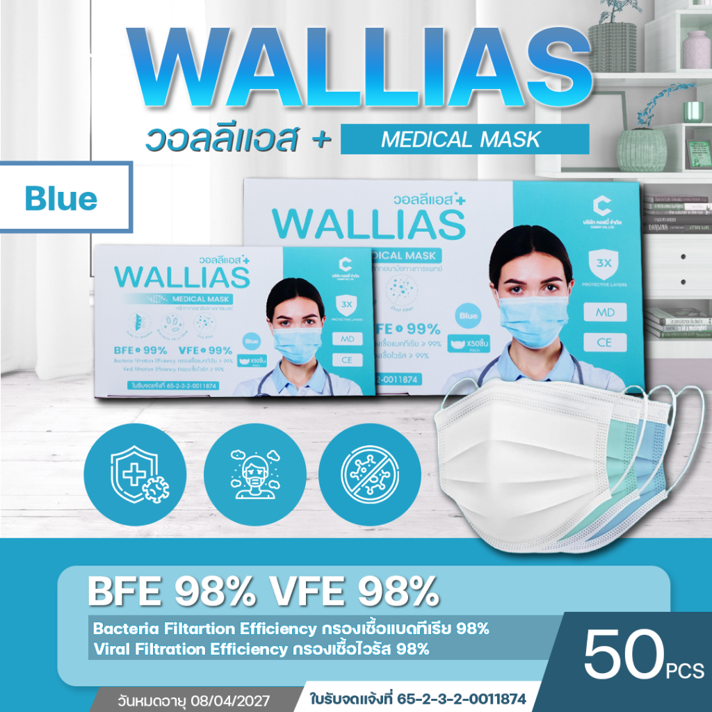 หน้ากากอนามัย WALLIAS หนา3ชั้น หูแบน | Shopee Thailand