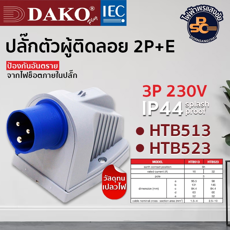 DAKO - ปลั๊กตัวผู้ติดลอย 2P+E (3P) 16A, 32A 230V IP44 รหัส HTB513, HTB523 | Shopee Thailand