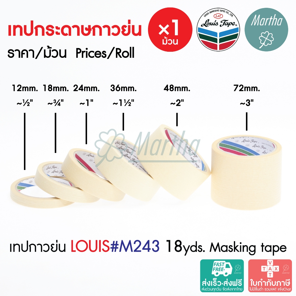 (1ม้วน) เทปย่น Louis Masking Tape M243 ยาว18หลา 1/2 3/4 1 1.5 2 3นิ้ว ...