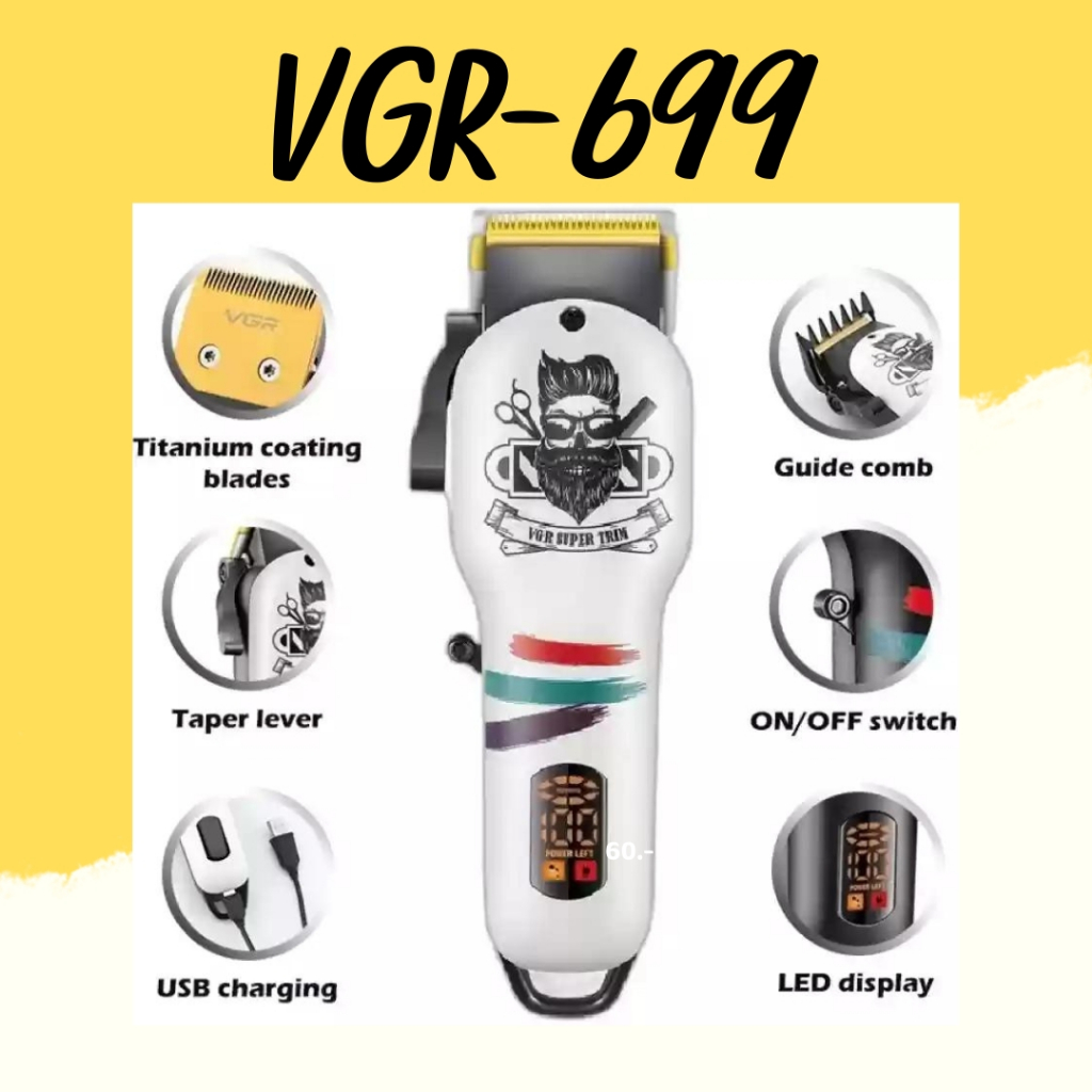 เครื่องโกนหนวดพลังงานสูงปัตตาเลี่ยนไฟฟ้าสไตล์ใหม่ VGR 699แอลซีดีชาร์จปัตตาเลี่ยนโลหะได้ V699ปัต ...