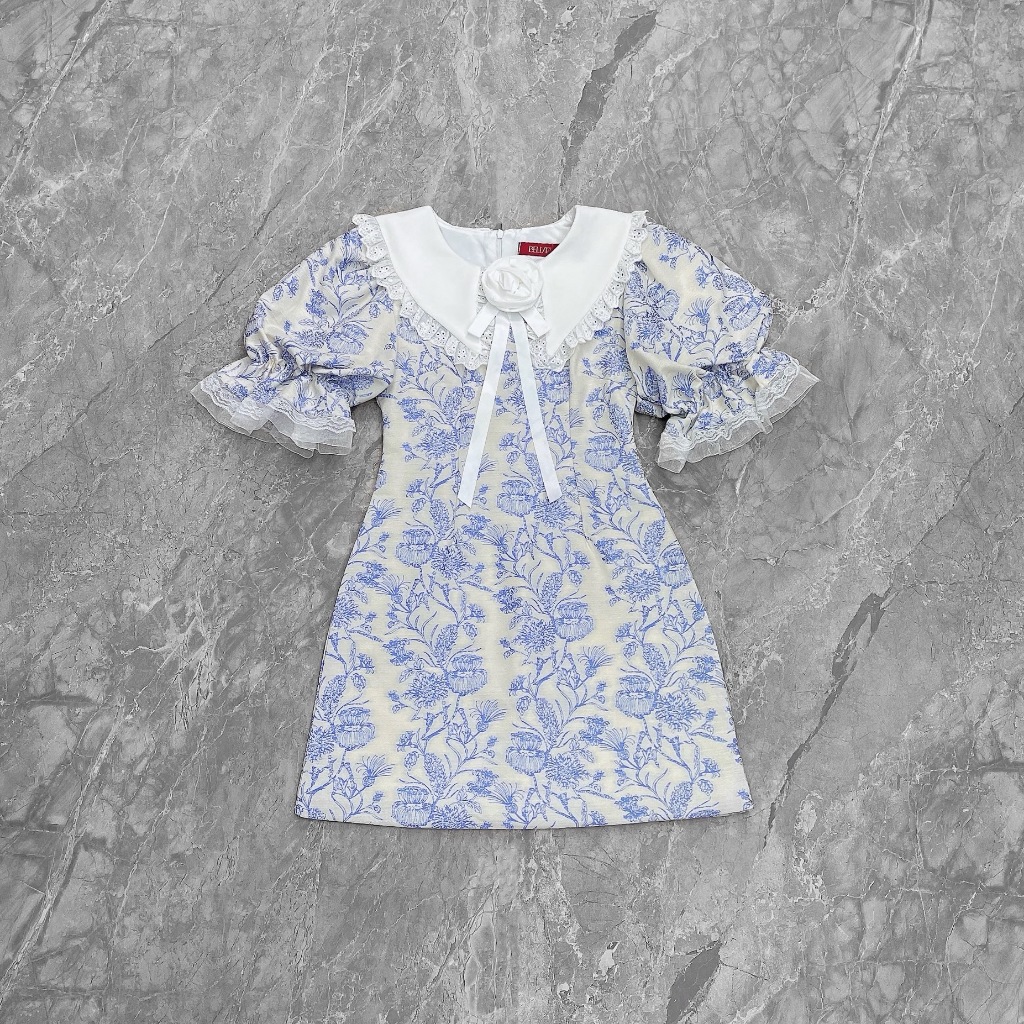 K577 BELLITA BRAND มินิเดรสลายดอกไม้ฟ้าแต่งดอกไม้ขาว ใส่เที่ยว ชุดทำงาน คาเฟ่ | Shopee Thailand