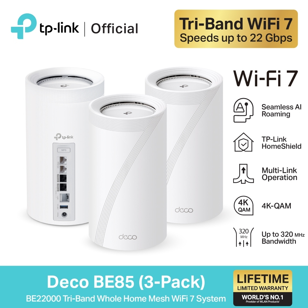 TP-Link (มี3รุ่น) Deco BE85 BE22000 Tri-Band Whole Home Mesh WiFi 7 System Model : DECO_BE85 ...