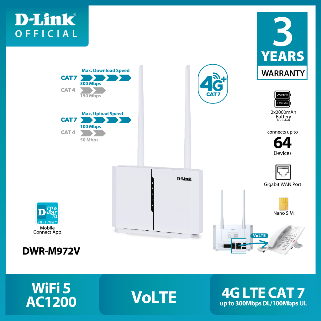 D-Link DWR-M972V 4G LTE CAT7 Wi-Fi Router แบบใส่ซิมขนาด Nano SIM ...
