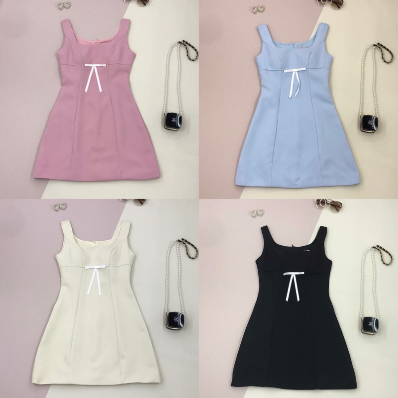 [ELSA] Y031 ชุดเดรสกระโปรงคอเหลี่ยมสายตะเกียบแต่งโบว์ช่วงอกดีไซน์เรียบ ...