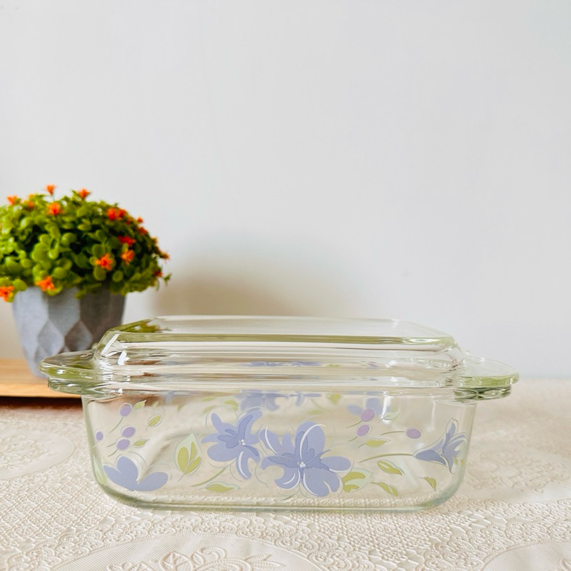 Pyrex - made in japan ชามแก้วลายดอกไม้ ทรงสี่เหลี่ยม มีฝา ทนร้อน สามารถ ...