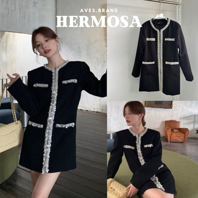 AVES.BRAND HERMOSA DRESS เดรสแขนยาวผ้าทวิตสีดำ แต่งมุกเลื่อม | Shopee ...
