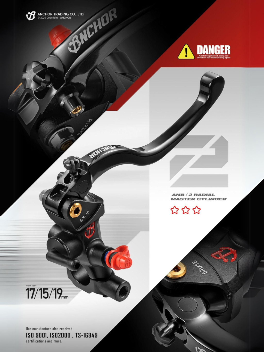 Anchor 🇹🇼 ปั๊มเบรค ANB-2 ซ้าย 15mm / ขวา 17mm 19mm Radial Master Cylinder ANB2 ปั๊มบน ...