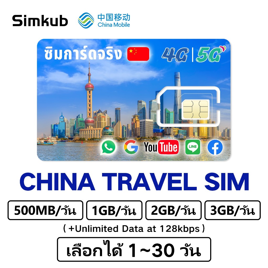 Mainland China SIM ซิมจีน ซิมท่องเที่ยวจีน 4G อินเตอร์เนต500MB~3GB/วัน ...