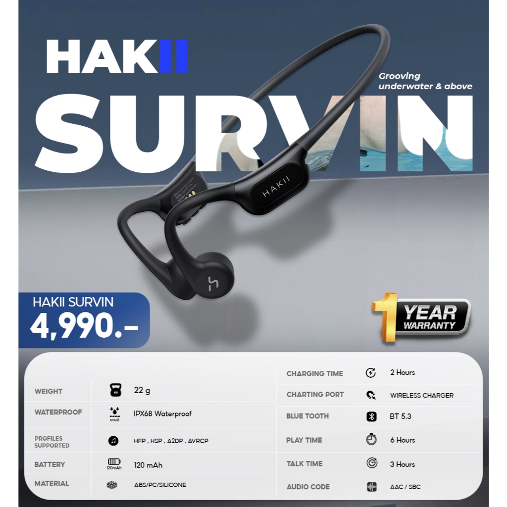 Hakii Survin หูฟังบลูทูธ ชุดหูฟังสำหรับว่ายน้ำ มีเมมในตัว64G ใส่เพลงได้กว่า 2,000 เพลง | Shopee ...
