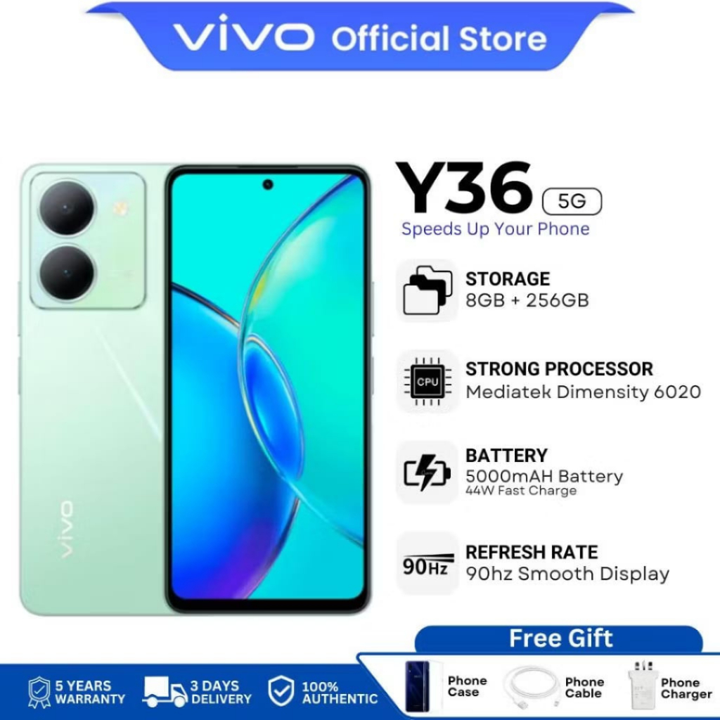 Vivo Y36 5G สมาร์ทโฟน, RAM 8GB + ROM 256GB, หน้าจอ 6.64 นิ้ว, แบตเตอรี่ ทนทาน, กล้อง 50MP, ของ ...