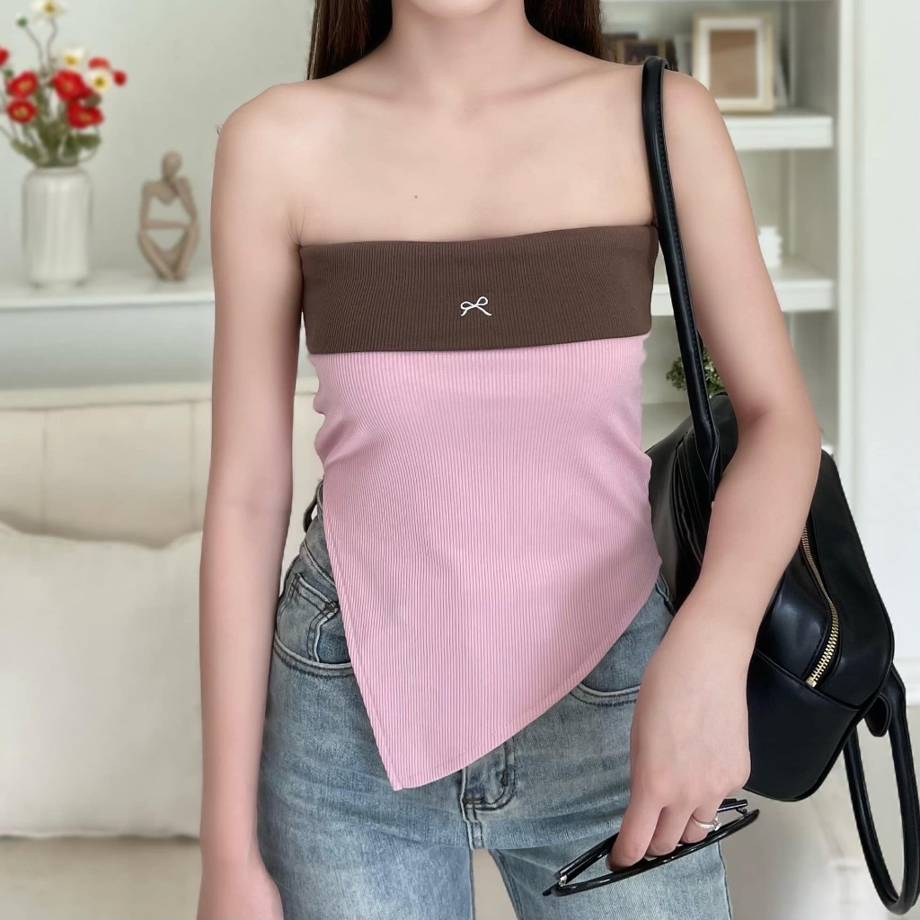 MABEL TOP เสื้อเกาะอกทูโทน ปักโบว์จิ๋ว ชายเฉียง | Shopee Thailand
