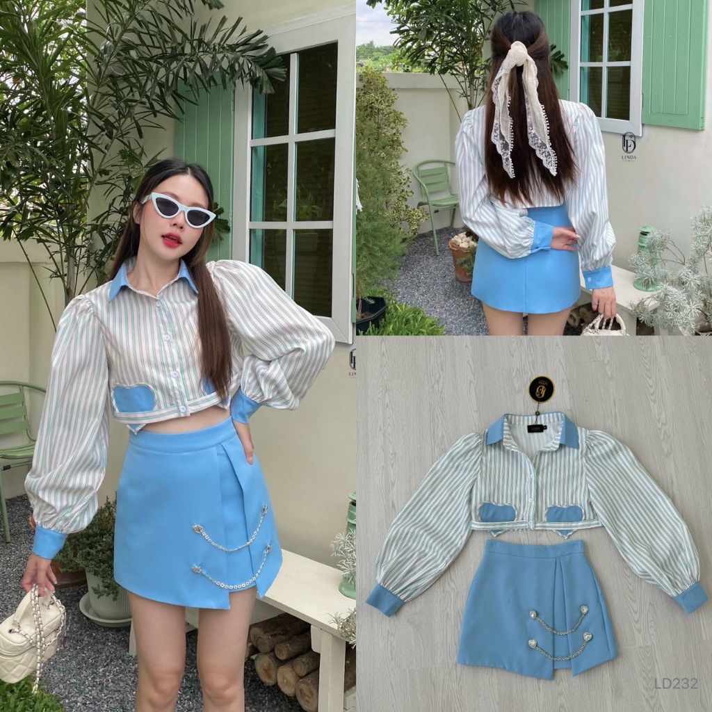 LINDA: SETเสื้อเชิ้ตสีฟ้าลายทางมาคู่กับกระโปรงสั้นสีฟ้า(*สอบถามสต๊อก ...