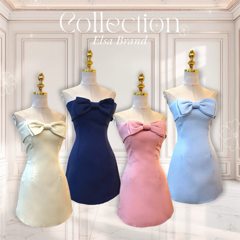 [ELSA] Y044 ชุดเดรสกระโปรงปาดไหล่ดีเทลโบว์ช่วงอก ทรงสวยดูแพง สไตล์สาว ...