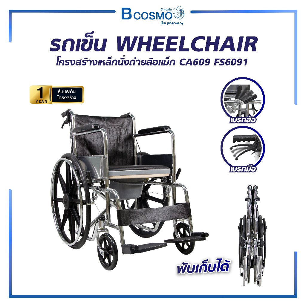 รถเข็นผู้ป่วย วีลแชร์นั่งถ่าย ล้อแม็ก พับได้ รุ่น CA609 FS6091 มีเบรก ...