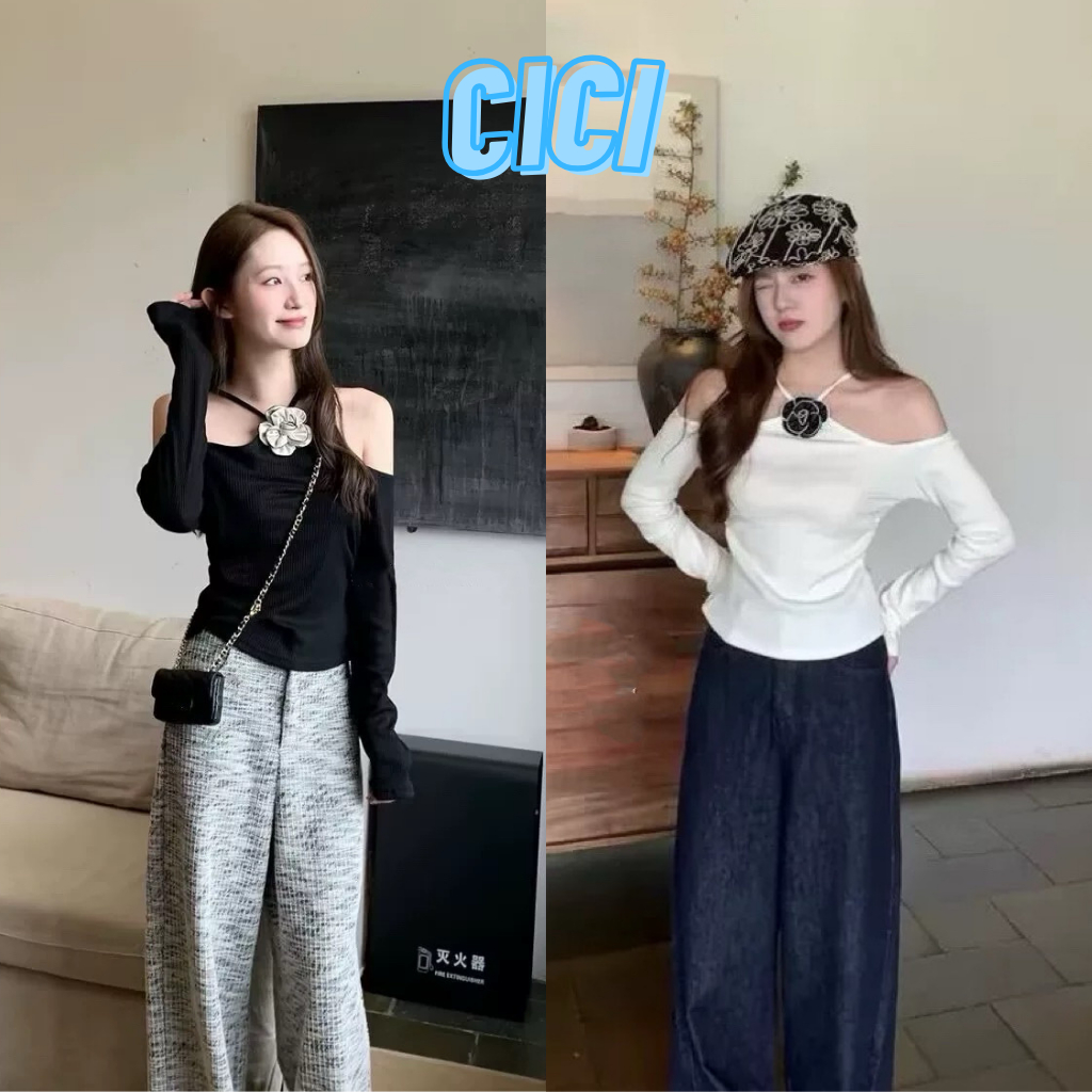 Cici(NO. E610)เสื้อไหมพรมคล้องคอปาดไหล่ detail ดอกไม้ 3D ตกแต่งด้านหน้าสำหรับสไตล์เกาหลี ...