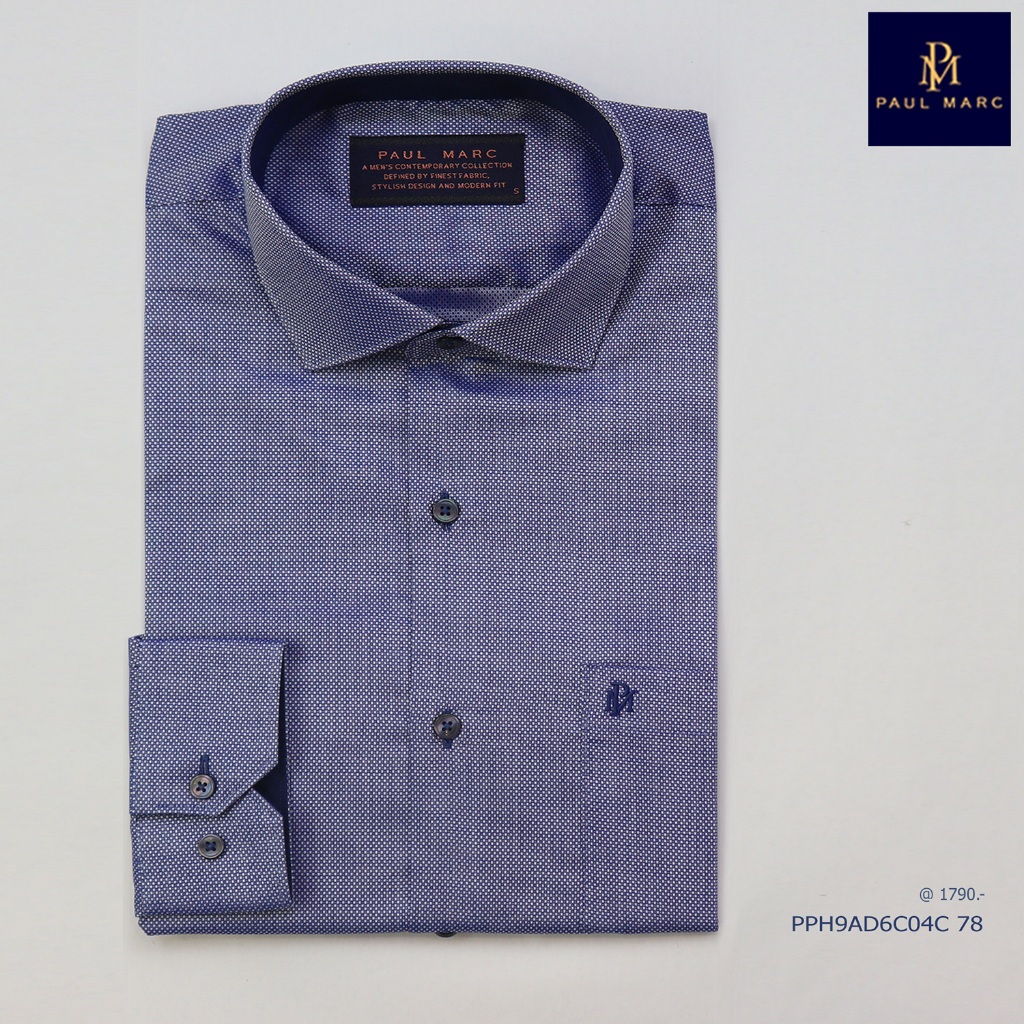 PAUL MARC เสื้อเชิ้ตแขนยาวสีน้ำเงิน slim fit ปกกาง ผ้า Dobby ผ้านุ่ม ...