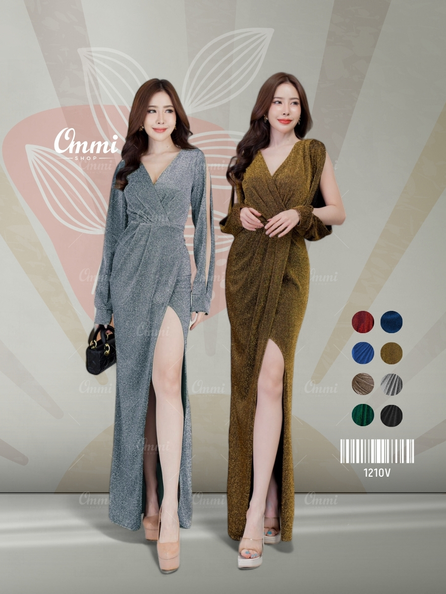 Ommishop ชุดราตรี 1210V คอวี แขนยาว ผ้า Glitter เดรสออกงาน ชุดงานแต่ง ...