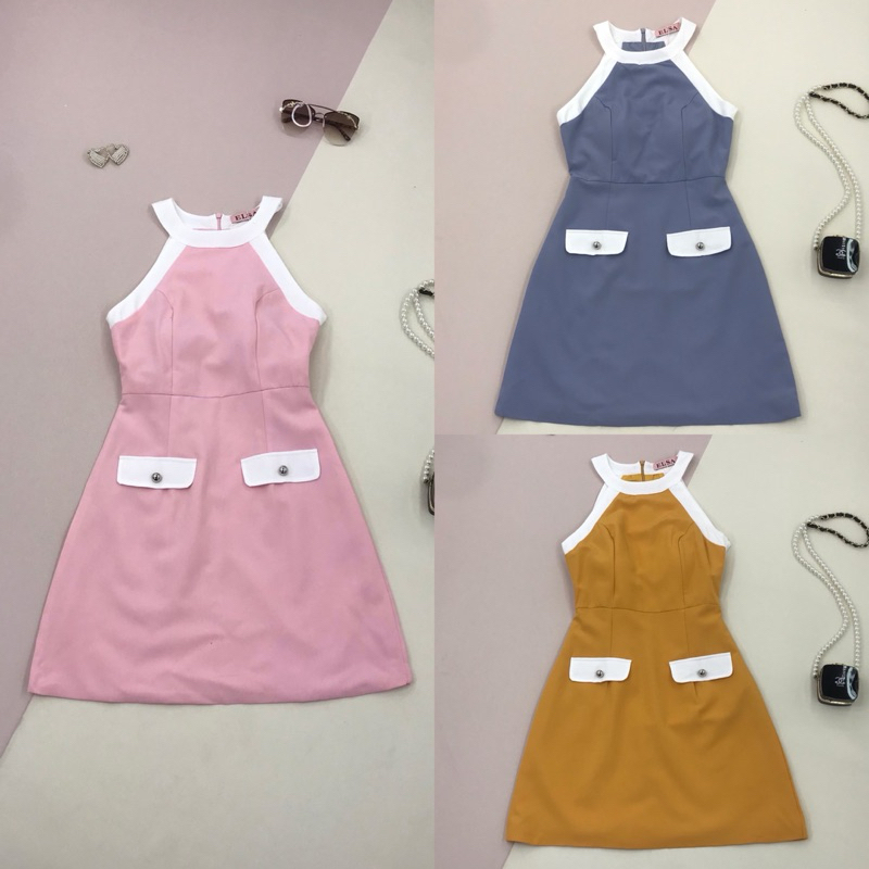 [ELSA] Y058 ชุดเดรสกระโปรงคอกลมแขนกุดดีเทลแต่งกระเป๋าหน้าซิปซ่อน ...