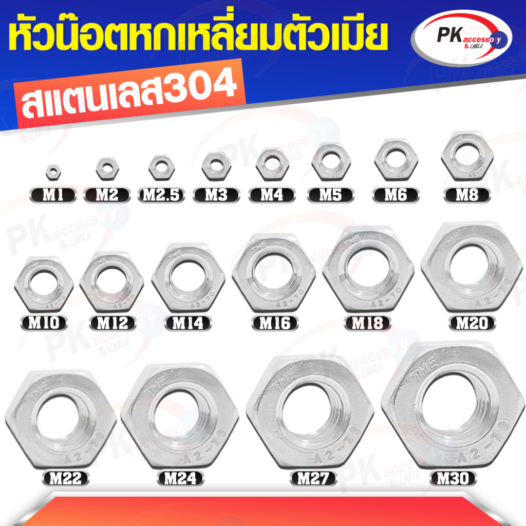 หัวน็อตตัวเมียหกเหลี่ยม หัวน็อตสแตนเลส 304 M18-M27 | Shopee Thailand