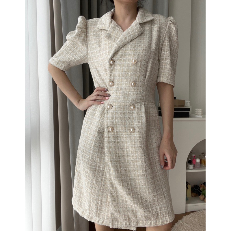 เดรสมือสอง สีครีม ผ้ากระสอบ ป้าย chayanista | Shopee Thailand