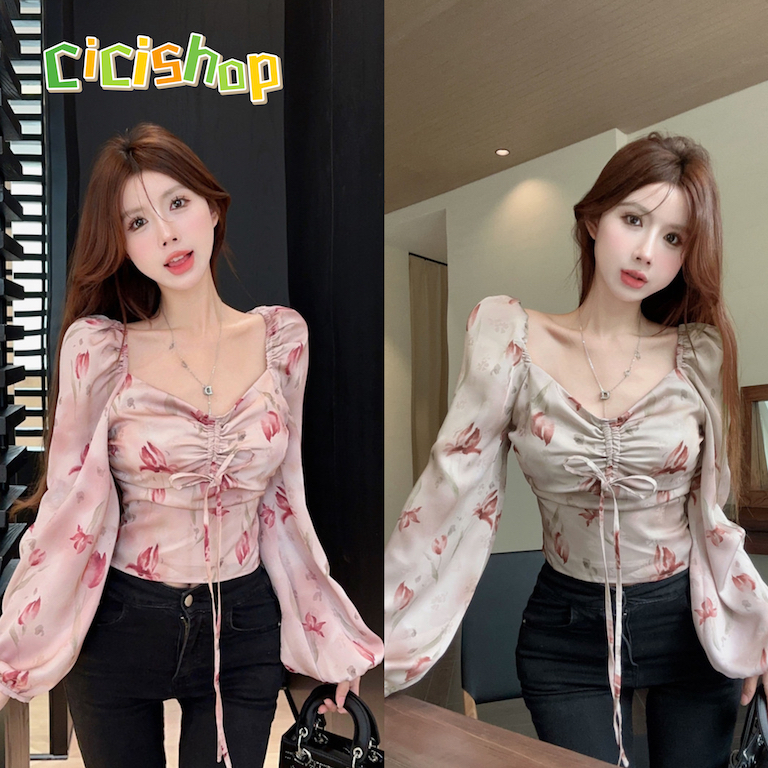 Cicishop(J785)เสื้อแขนยาวผ้าซาตินลายดอกไม้ ดีเทลผูกเชือกด้านหน้า สม๊อคหลัง ดูแพงสุดๆ | Shopee ...