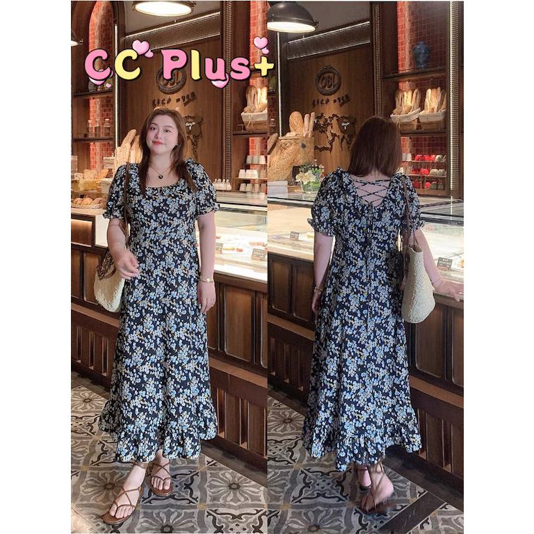 CiCi Plus+(3136)Flower dress เดรสกระโปรงยาวพลัสไซส์ ดีเทลสายผูกไขว้หลัง ...