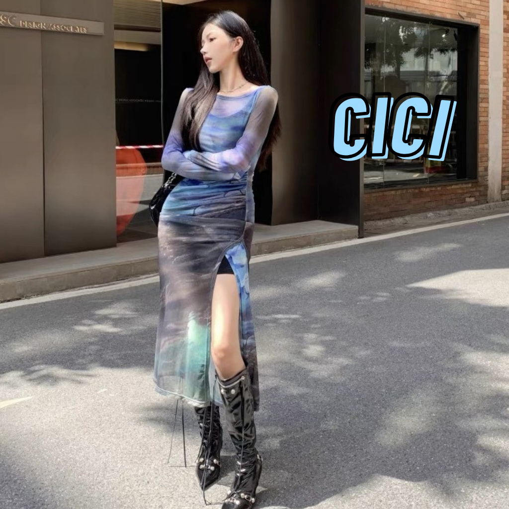 Cici(NO. J801)SET 2 ชิ้น สายเดี่ยวตัวยาว+เสื้อคลุมซีทรูแขนยาวผ่าข้าง เหมาะกับสายแฟชั่นสุด ...