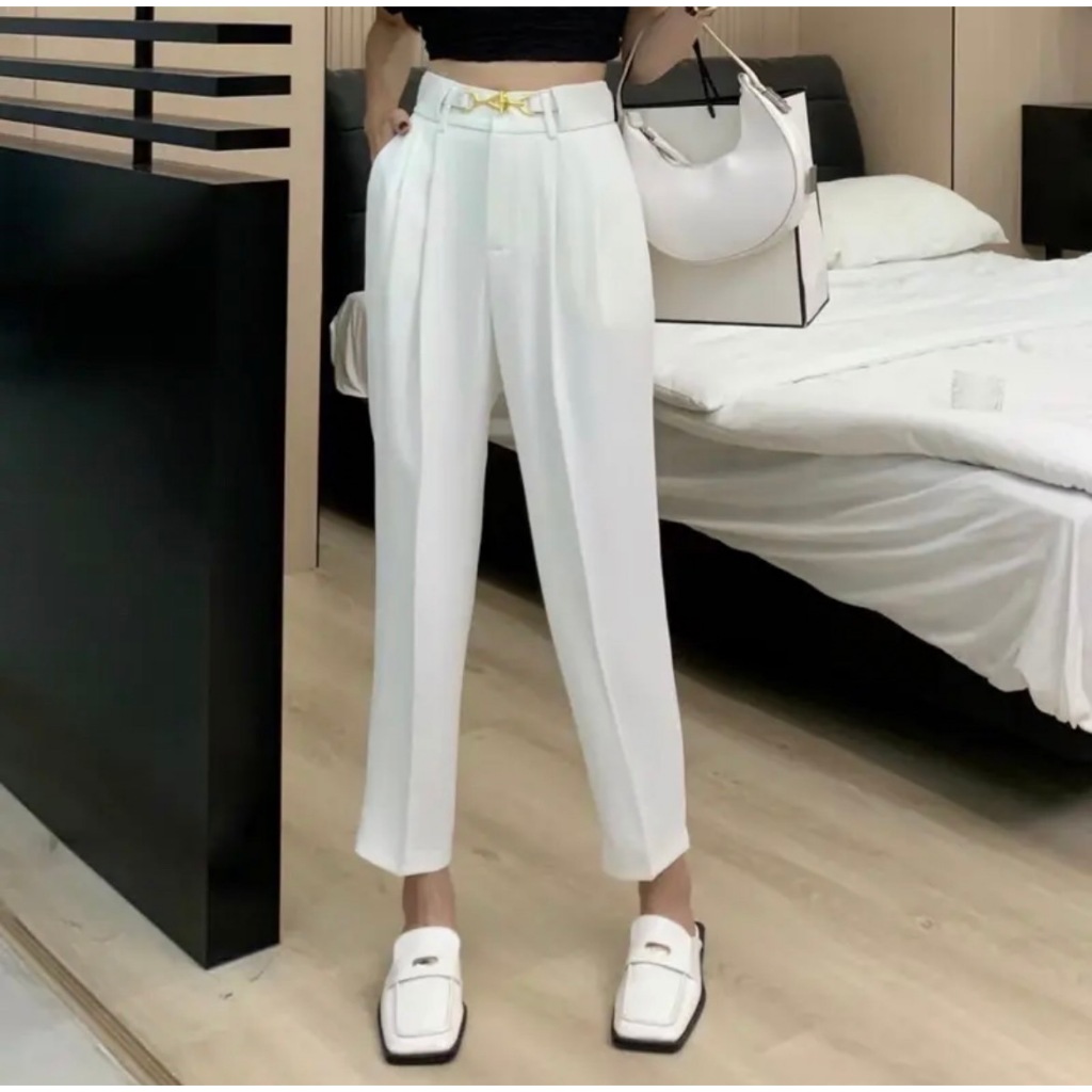 {พร้อมส่ง}รุ่น( D- กางเกงjagucci ขาว) กางเกงขายาว แฟชั่น เอวสม็อค แถม ...